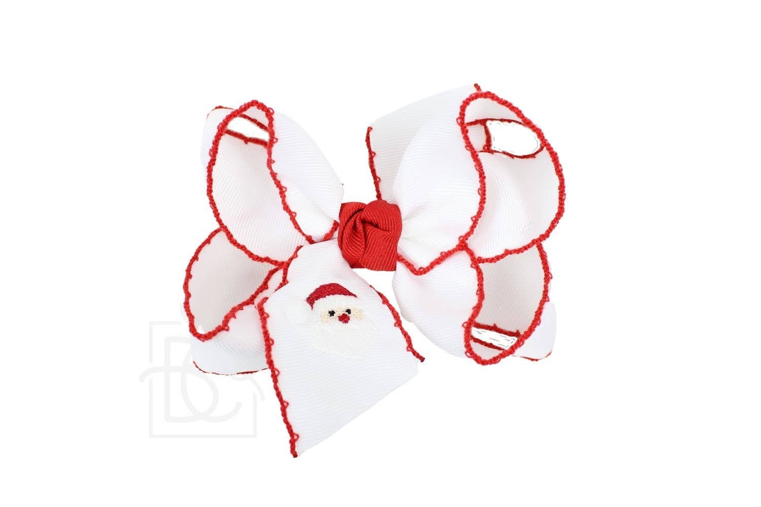 Embroidered Santa Crochet Edge Bow: White-Red Crochet Edge w ...